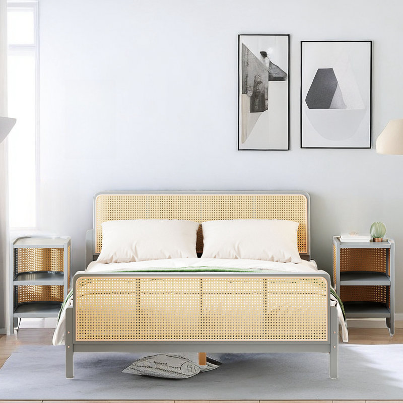 Alwin Rattan Bedroom Set Platform Bed and Two Nightstands Bay Isle Home Color Gray